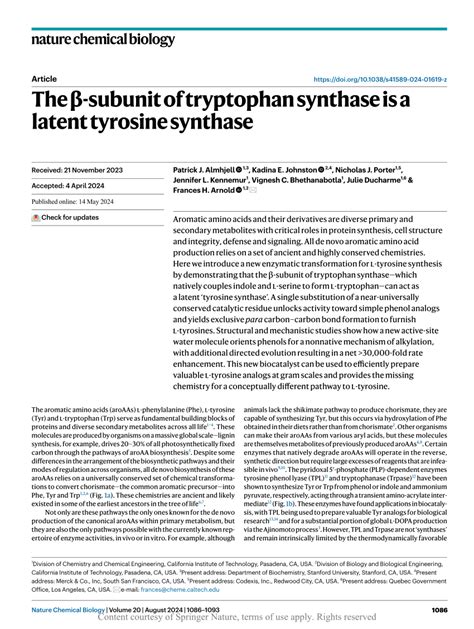 The β Subunit Of Tryptophan Synthase Is A Latent Tyrosine Synthase