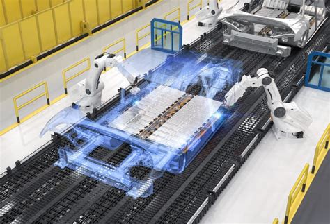 Robot Assembly Line With Electric Car Battery Cells Module On Platform Stock Illustration