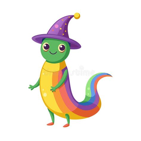 Cute Cartoon Lizard Wizard Character With Rainbow Body And Pointed Hat