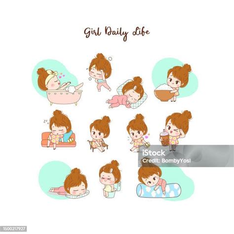 귀여운 소녀 루틴 캐릭터 디자인 일러스트레이션 세트 소녀의 일상 자고 목욕하고 운동하기 귀여운에 대한 스톡 벡터 아트 및 기타 이미지 Istock