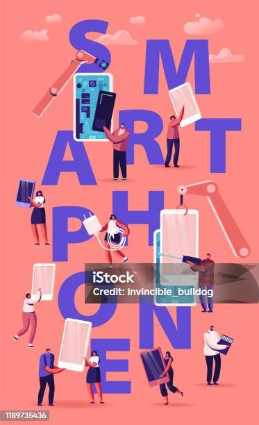 사람들이 조립하고 스마트 폰 개념을 사용하는 말하는 음악을 말하는 문자 메시지를 보내는 핸드폰을 들고있는 남성과 여성의 군중