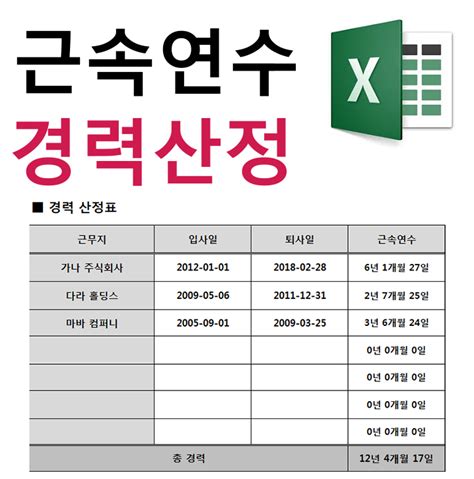 엑셀파일다운 근속연수 계산 경력 산정표 근무경력 합산 무료서식 기간 계산 함수 네이버 블로그