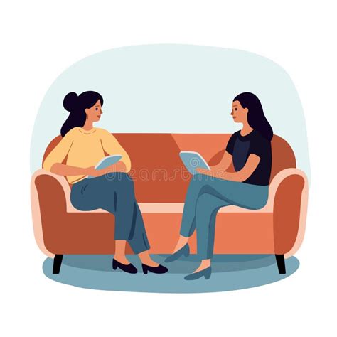 Two Women Dressed Casually Sitting On A Sofa And Having Conversation Vector Illustration In