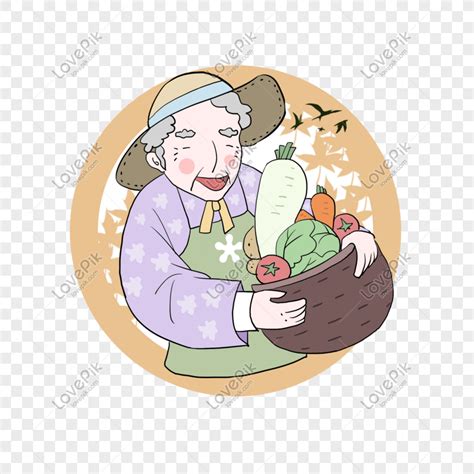 바구니를 들고 손으로 그린 할머니 Png 일러스트 무료 다운로드 Lovepik