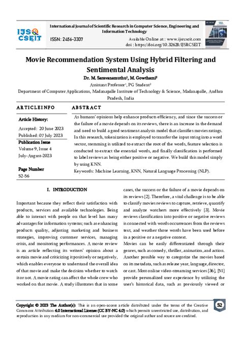 Pdf Movie Recommendation System Using Hybrid Filtering And Sentimental Analysis