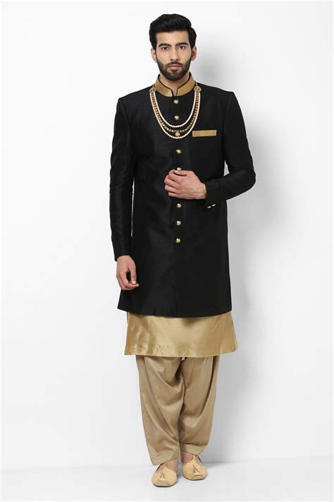 Indian Sherwani For Men Black Golden Kurta Pajama Wedding Partywear