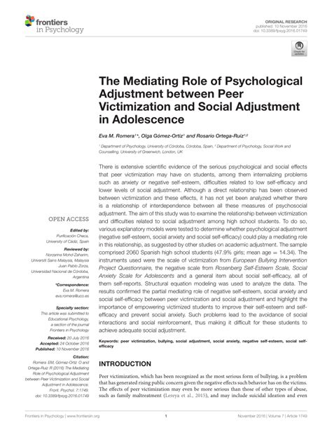 Pdf The Mediating Role Of Psychological Adjustment Between Peer Victimization And Social