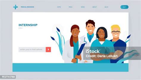 인턴십 채용 현대 평면 벡터 개념 그림입니다 젊은 의료 전문가들이 함께 서 있는 인턴 팀 보험 랜딩 페이지 디자인 템플릿입니다 웹사이트 배너 간호사에 대한 스톡 벡터 아트