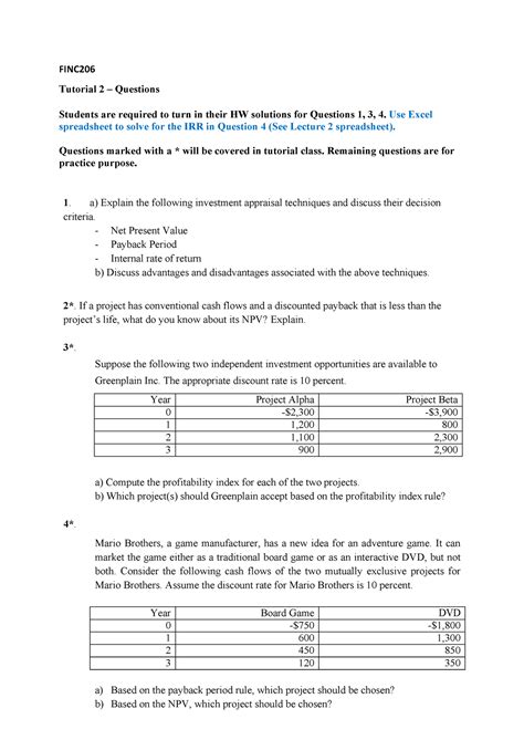 Tutorial Questions FINC Tutorial Questions Babes Are Required To Turn In Their HW