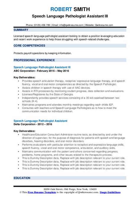 Speech Language Pathologist Assistant Resume Samples Qwikresume