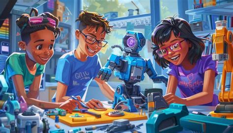 Cheerful Classmates Fully Engaged In Stem Robotics Class Collaborating With Infectious Premium