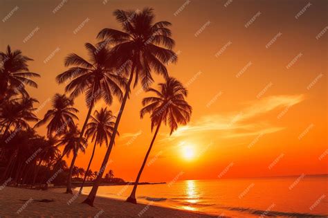 Premium Photo Beach With Coconut Tree And Sunset