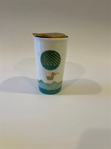 Starbucks Coffee Mug Travel Tumbler Hot Air Balloon Gold Lid 12oz
