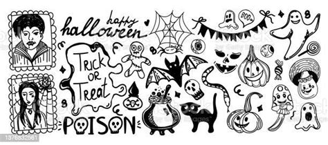 할로윈귀여운 세트 손으로 그린 낙서 스타일의 요소 단색 호박 유령 마법 물체 고양이 부두 인형 등 모든 성도의 날을 위한 벡터 드로잉 컬렉션 10월에 대한 스톡 벡터 아트
