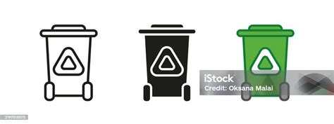 휴지통 아이콘입니다 친환경 폐기물 용기 벡터 그림 녹색 쓰레기 처리 기호입니다 쓰레기 관리 및 지속 가능성 픽토그램 환경 표시입니다 생분해성 재료 개념 0명에 대한 스톡