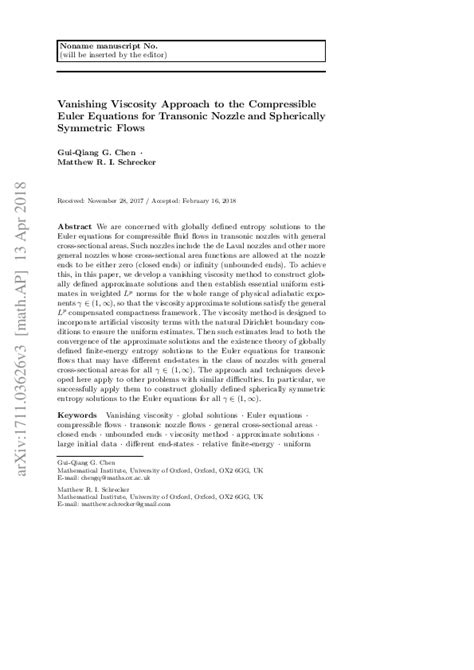 Pdf Vanishing Viscosity Approach To The Compressible Euler Equations For Transonic Nozzle And