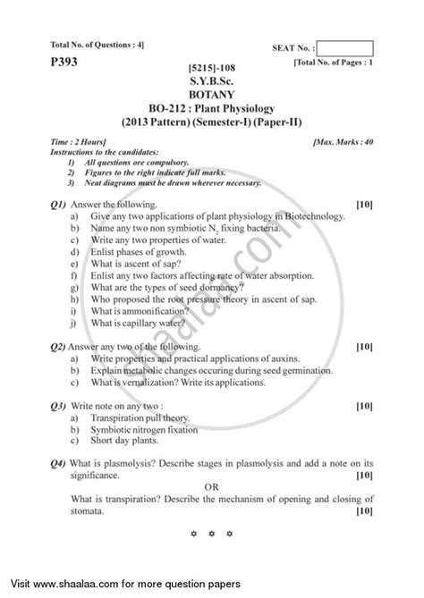Plant Physiology 2017 2018 Bsc Botany Semester 3 Sybsc 2013 Pattern