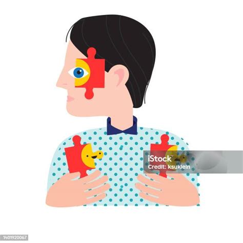 퍼즐 조각과 행복하고 슬픈 이모티콘을 가진 사람 정신 건강 개념 사람들의 기분과 마음의 상태에 대한 추상 벡터 그림 개념에 대한 스톡 벡터 아트 및 기타 이미지 Istock