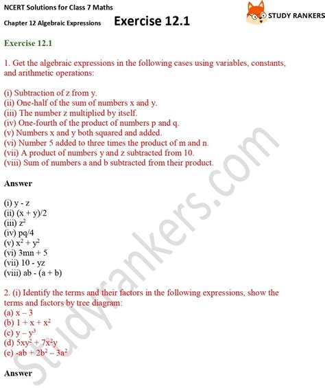 Ncert Solutions For Class 7 Maths Ch 12 Algebraic Expressions Exercise 121