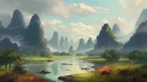唯美意境山水风景图片插画图片素材下载 jpg格式 熊猫办公
