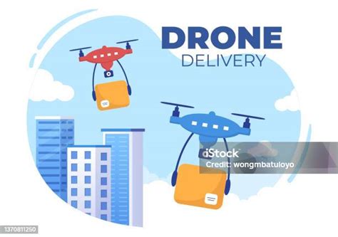 배달 서비스는 드론 배경 벡터 일러스트레이션을 사용합니다 소포 소포 배송을 위한 현대 기술 장치를 사용하여 상자를 배포하는 직원 Multicopter에 대한 스톡 벡터 아트