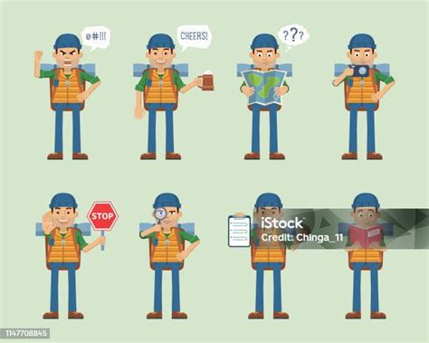 다른 상황에서 포즈 여행자 캐릭터의 집합입니다 맥주 사진 카메라 지도 책 정지 표지판 종이 돋보기와 쾌활 한 등산객 화가 맥주에 대한 스톡 벡터 아트 및 기타 이미지