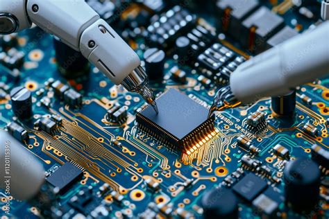 Detailed View Of Robotic Arms Assembling Microchip On Circuit Board Showcasing Advanced