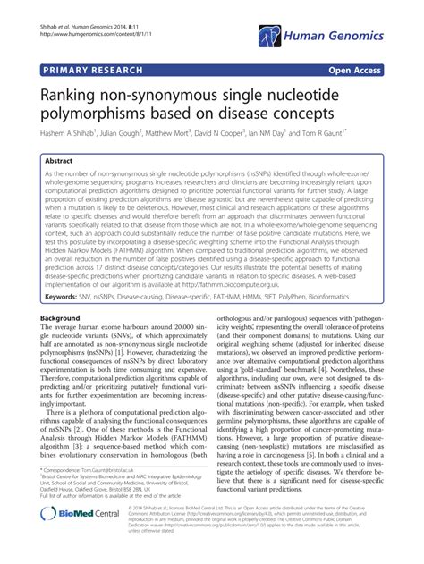 Pdf Ranking Non Synonymous Single Nucleotide Polymorphisms Based On Disease Concepts