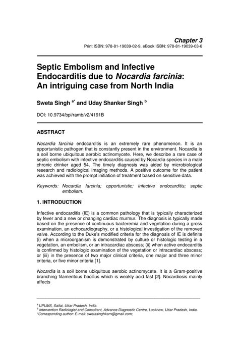 Pdf Septic Embolism And Infective Endocarditis Due To Nocardia Farcinia An Intriguing Case