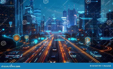 Futuristic Visualization Of Smart City Traffic With Autonomous Vehicles Ai Generated Stock