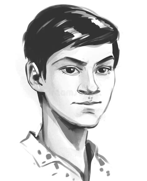 Linear Sketch Of A Portrait Of A Boy From Life Hand Drawing Stock