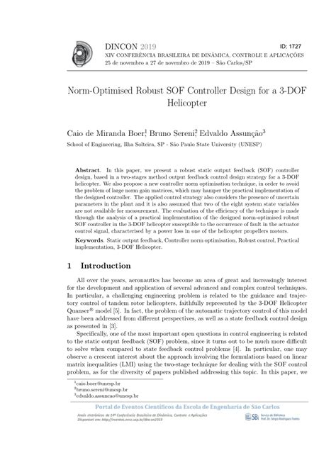 Pdf Norm Optimised Robust Sof Controller Design For A 3 Dof Helicopter