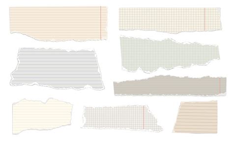찢어진 메모지 줄이 그어지고 네모난 공책 종이 조각 메모와 스크랩북 콜라주를 위해 가장자리가 찢어진 사실적인 작품 찢어진 메모