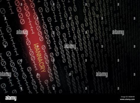 Computer Virus Binary Data Shown On Black Screen With Wannacry Text
