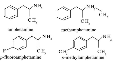 Chemical Structures Of Amphetamine Methamphetamine Pfluoroamphetamine
