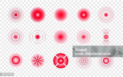 문제점 설정 통증 국소 징후 및 통증 지적 빨간 고리 수중 음파 탐지기 레이더 아이콘 집합입니다 방사형 마커는 신체 상처를