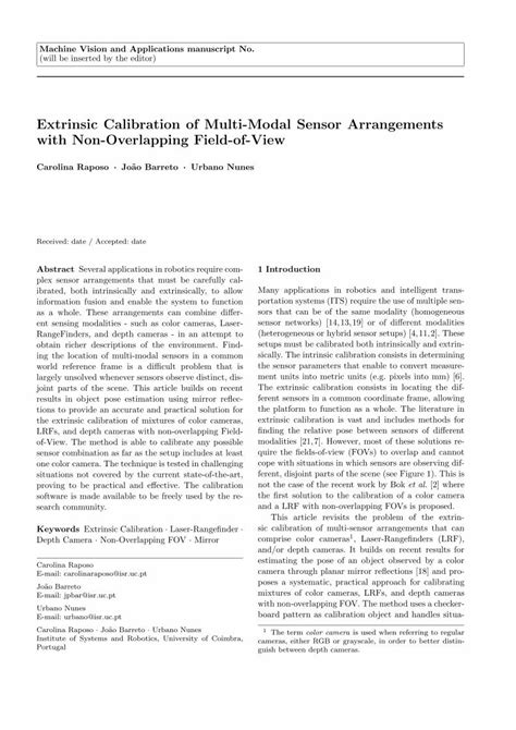 Pdf Extrinsic Calibration Of Multi Modal Sensor Arrangements