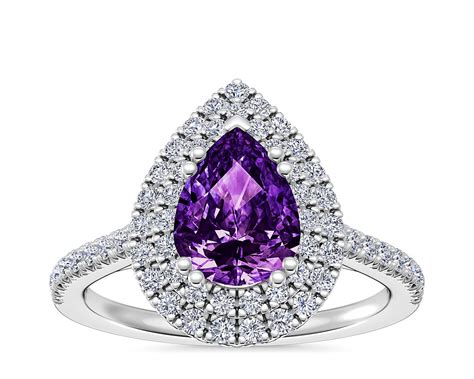Micropavé Double Halo Diamond Engagement Ring With Pear Shaped Amethyst