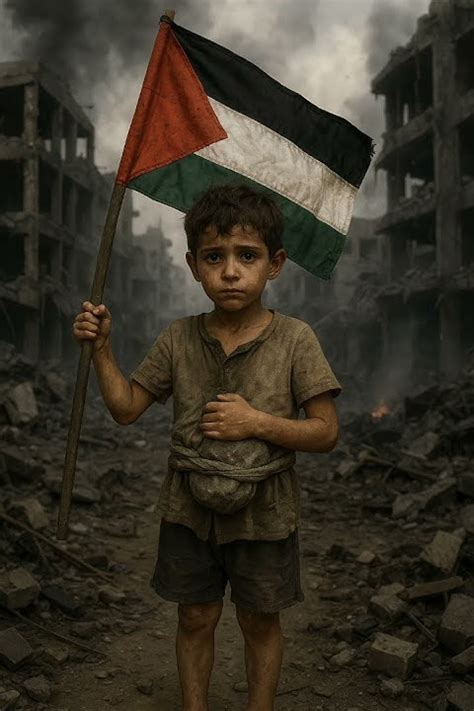 طفل فلسطيني يربط الحجر على بطنه من الجوع ويرفع راية وطنه وسط الدمار