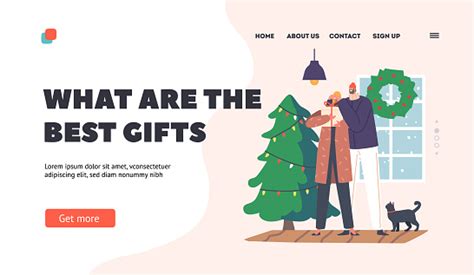 크리스마스 방문 페이지 템플릿에 대 한 최고의 선물입니다 사랑하는 커플 캐릭터가 축하합니다 젊은 남자는 여자 친구에게 선물을 준비 1위에 대한 스톡 벡터 아트 및 기타