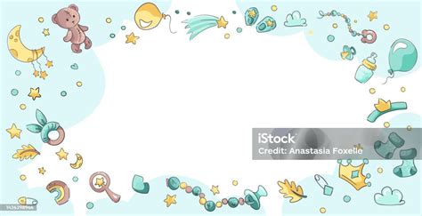 베이비 보이 샤워 벡터 배경과 파란색 요소 개체 곰 젖꼭지 유아 장난감 별 달 구름 세트가있는 프레임 텍스트 또는 사진을위한 공간이있는 아기 신생아를위한 귀여운 만화 카드
