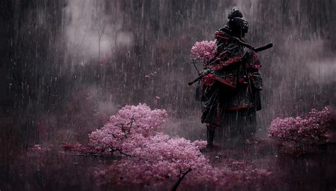 Ilustración De Trama De Samurai De Pie Bajo La Lluvia Y Rodeado De Flor