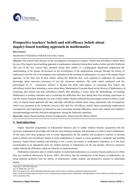 Pdf Prospective Teachers Beliefs And Self Efficacy Beliefs About Inquiry Based Teaching