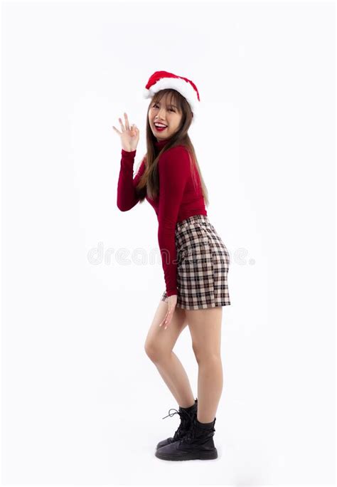 Merry Christmas Theme Young Asian Woman Wearing Santa Hat Looking