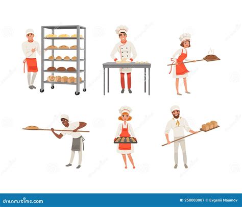 Professional Bakers Baking Bread And Pastries Set Bakehouse Workers With Freshly Baked Bread