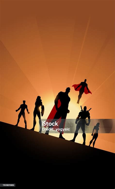 벡터 슈퍼 히어로 팀 실루엣 배경에서 햇빛으로 기울어진 보기 슈퍼히어로에 대한 스톡 벡터 아트 및 기타 이미지 슈퍼히어로 검은색 공중 부양 Istock