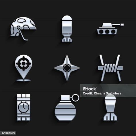 일본 닌자 수리검 수류탄 항공 폭탄 철조망 다이너마이트 타이머 시계 대상 스포츠 군사 탱크 및 헬멧 아이콘을 설정합니다 벡터 건설 기계류에 대한 스톡 벡터 아트 및 기타