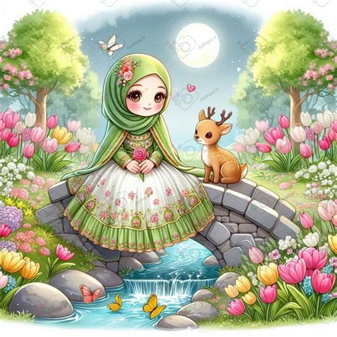 بک گراند کودکانه دختر ناز با حجاب کنار بچه آهو روی پل سنگی زیر نور ماه