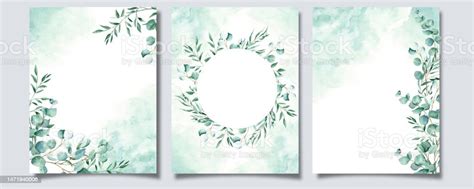 꽃 배경 카드 세트입니다 유칼립투스와 피스타치오 가지가 있는 소박한 단풍 초대장 템플릿 녹색 수채화가 튀는 템플릿 날짜 인사말