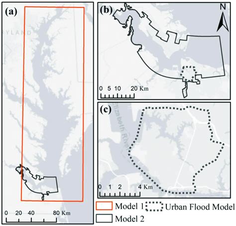 Storm Surge Model And Urban Flood Model Domains A Model 1 B Model Download Scientific